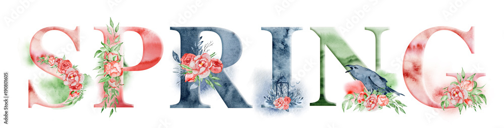 Spring watercolor word design with floral bouquets and crown. Hand ...