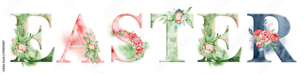 Easter watercolor word design with floral bouquets and crown. Hand ...