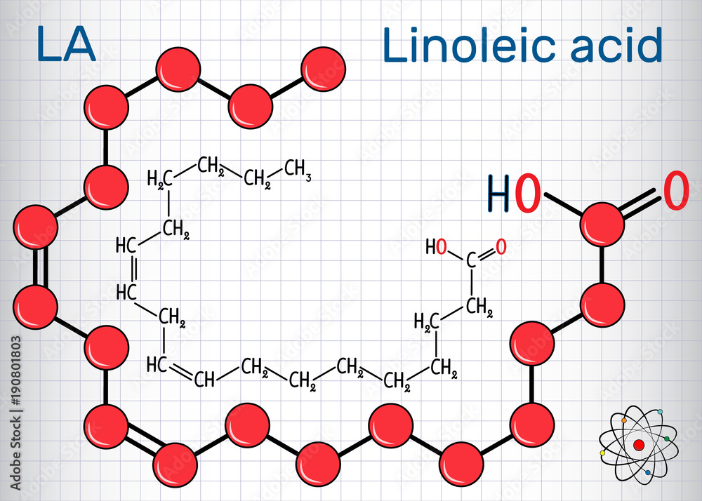 Linoleic acid (LA). Structural chemical formula and molecule model ...