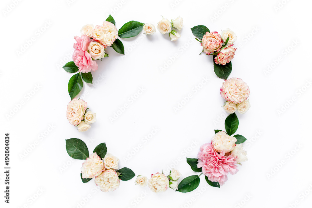 Floral round frame wreath made of pink and beige peonies flower buds ...