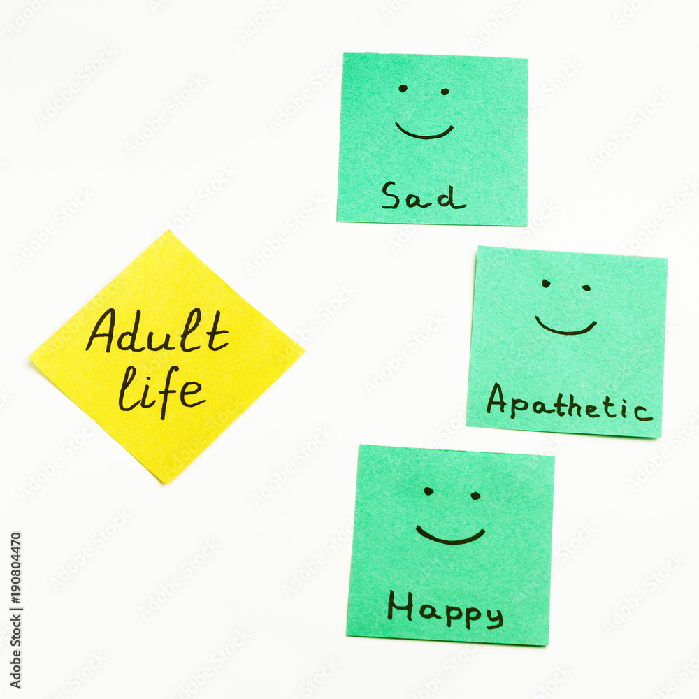 Colored paper notes with inscriptions "Adult life", "Happy", "Sad ...
