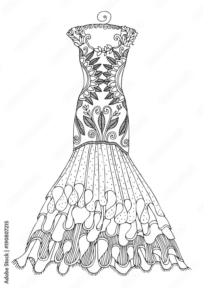 Women's lace dress. Hand drawn illustration for coloring page, poster ...
