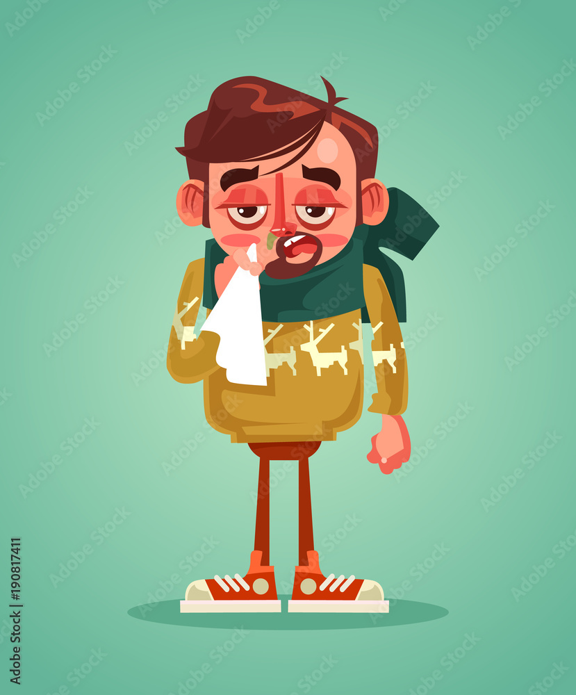 Sad man character have cold flu. Vector flat cartoon illustration Stock ...