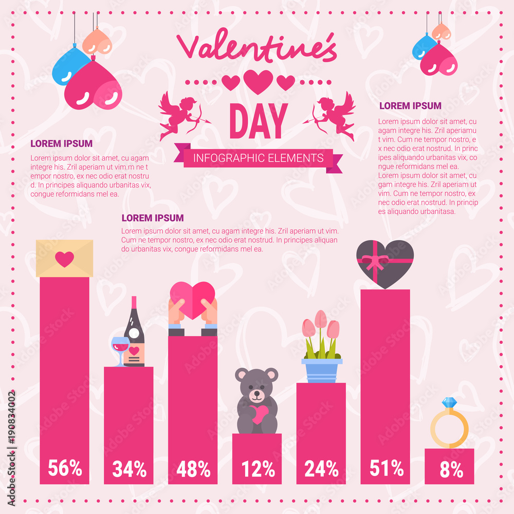 Valentines Day Infographic Banner Set Of Icons Over Template Pink ...