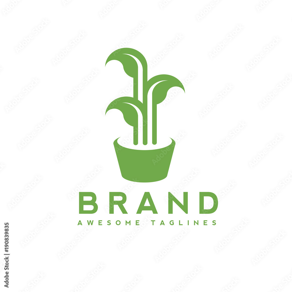 green leaves growing in pot logo concept. Logo design of organic plant ...