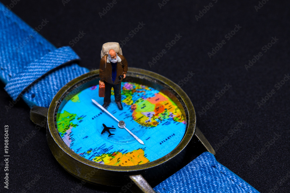 Old man with backpack and world map watches. Around world travel photo ...