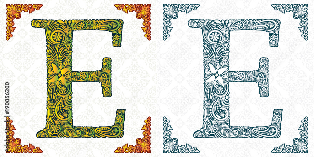 Letter E. Vector. Decorative alphabet on white background. Isolated ...