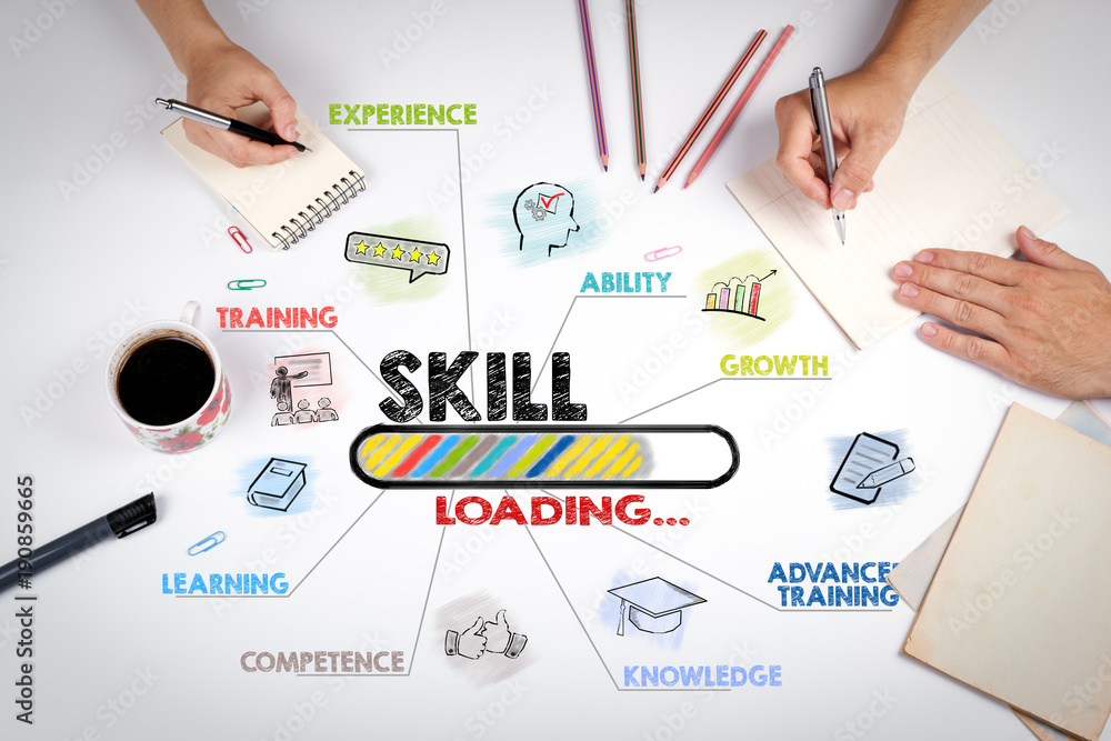 skill Concept. Chart with keywords and icons. The meeting at the white ...