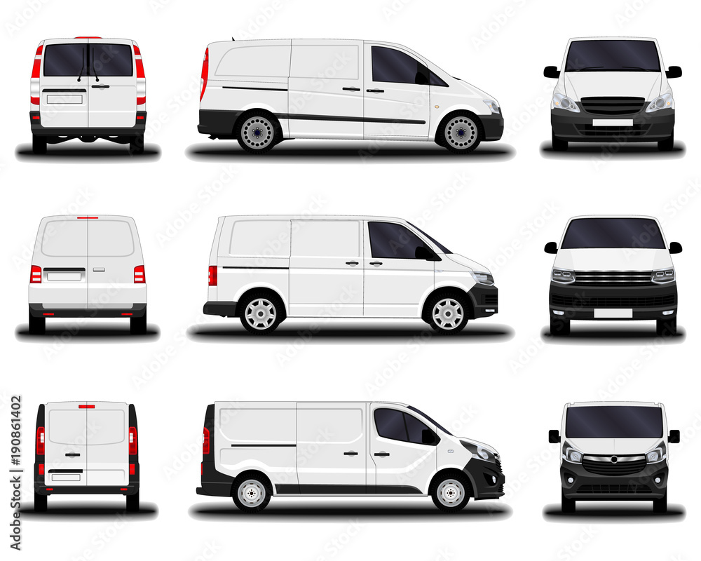 realistic cargo vans. front view; side view; back view. Stock Vector ...