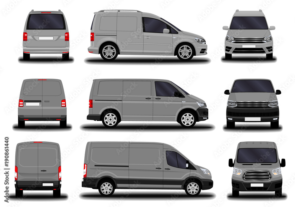 realistic cargo van. front view; side view; back view. Stock Vector ...
