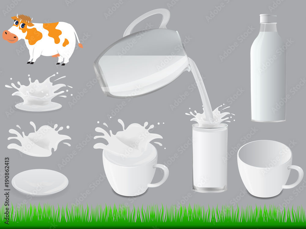Milk.Natural dairy products. 3d vector object set.Set of splashing and ...