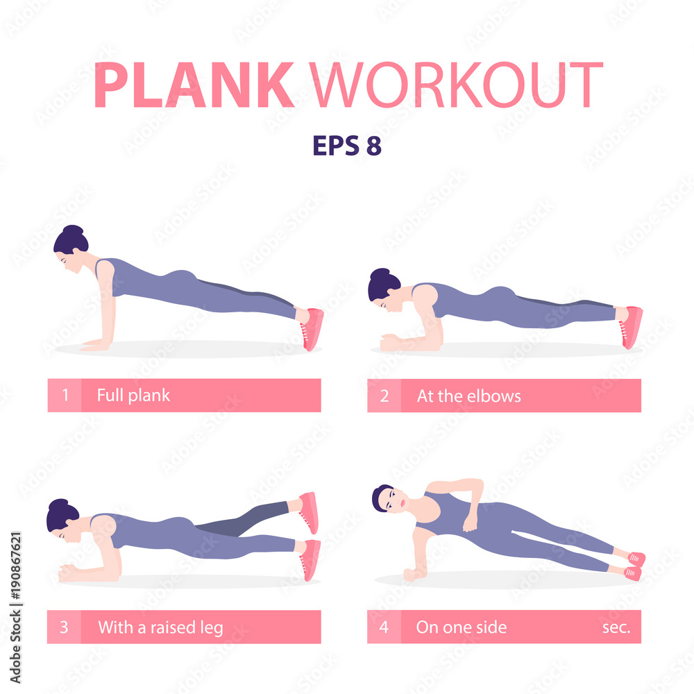 Set of young woman planking in various poses: elbow plank, side plank ...