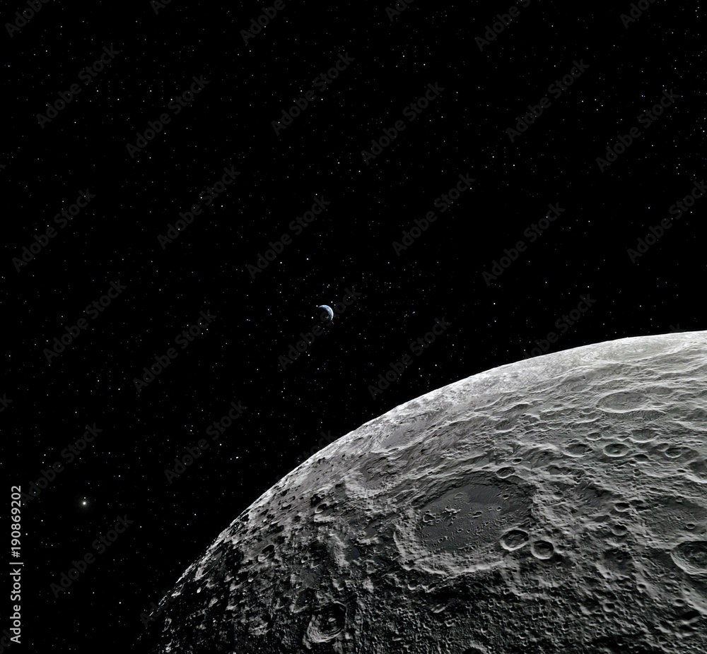 Moon surface. Realistic 3d render of moon and space. Space and planet ...