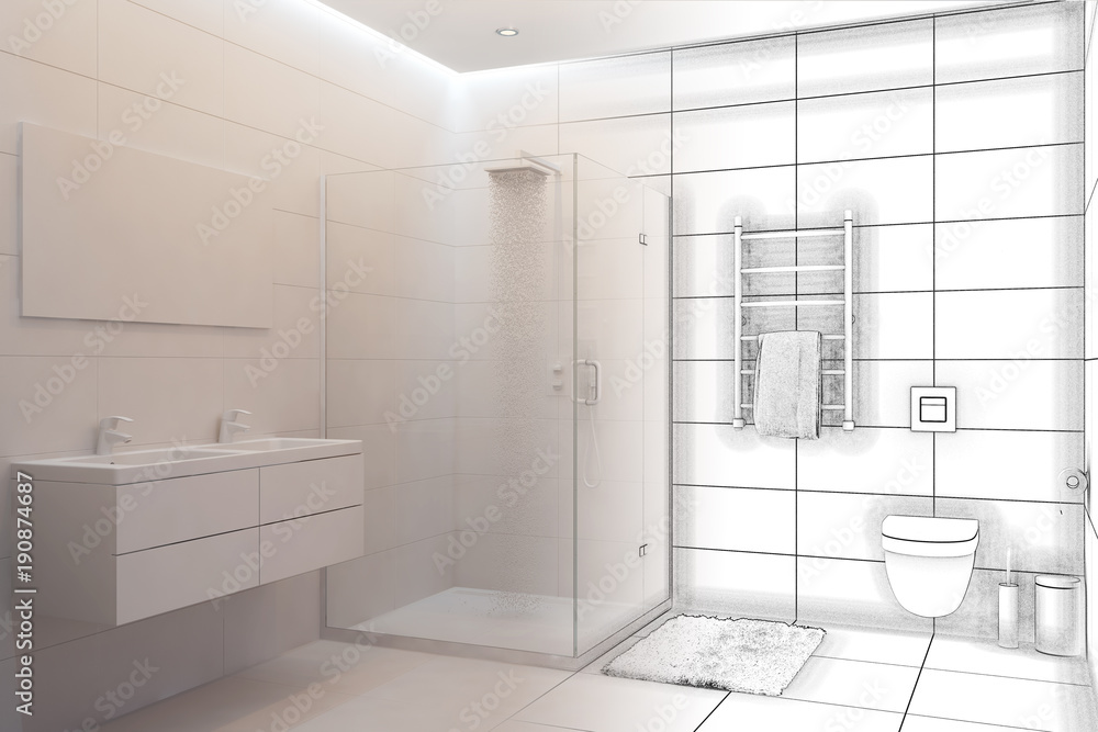3d illustration. Sketch of a shower to become a 3d white interior Stock ...