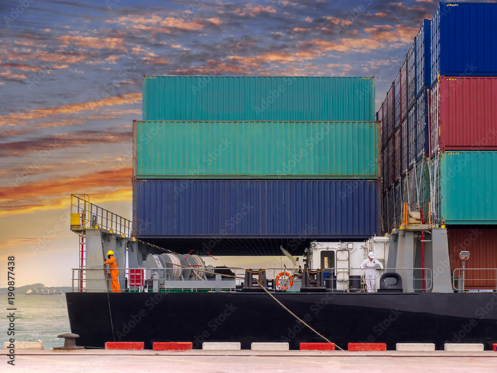 The container vessel during berth on arrival at port of Thailand. Stock ...