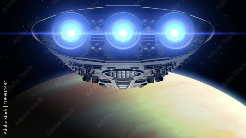 Alien spaceship is approaching Venus. Bright engines flashing, 3d ...