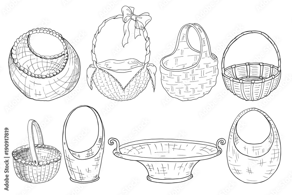 set of wicker baskets. Figure a liner. Hand drawing. Vector Stock ...