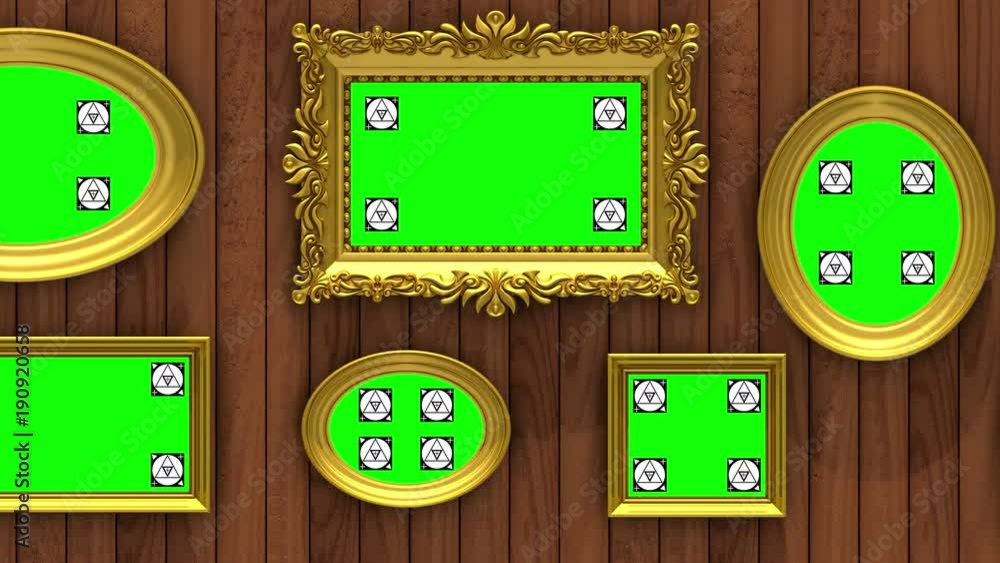 Picture gallery 3d animation. Gold picture frames on brown wood ...