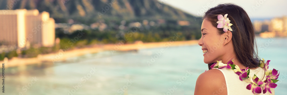 Hawaii Asian woman wearing lei necklace, hair flower for hula dancing ...