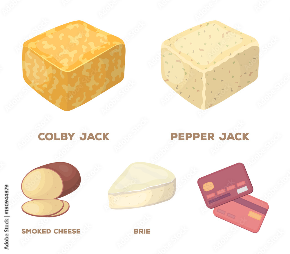 Brynza, smoked, colby jack, pepper jack.Different types of cheese set ...