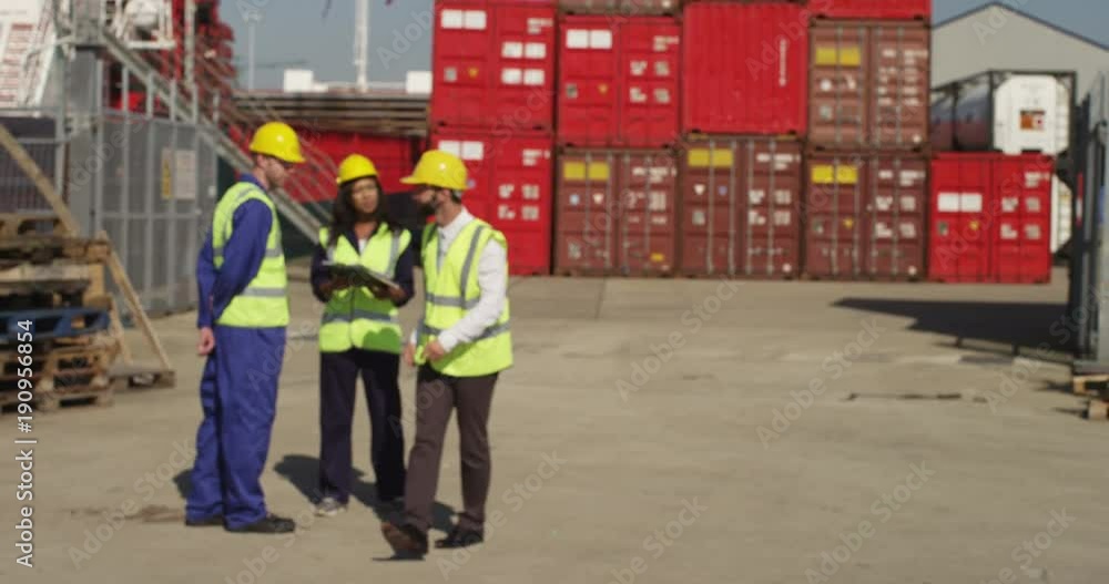 Portrait of a dock worker standing at the harbor amidst shipping ...