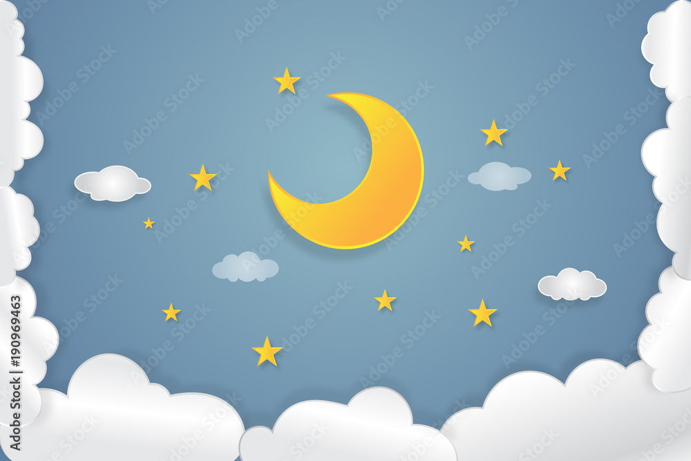 Half moon, clouds and stars in the night as paper art and craft style ...