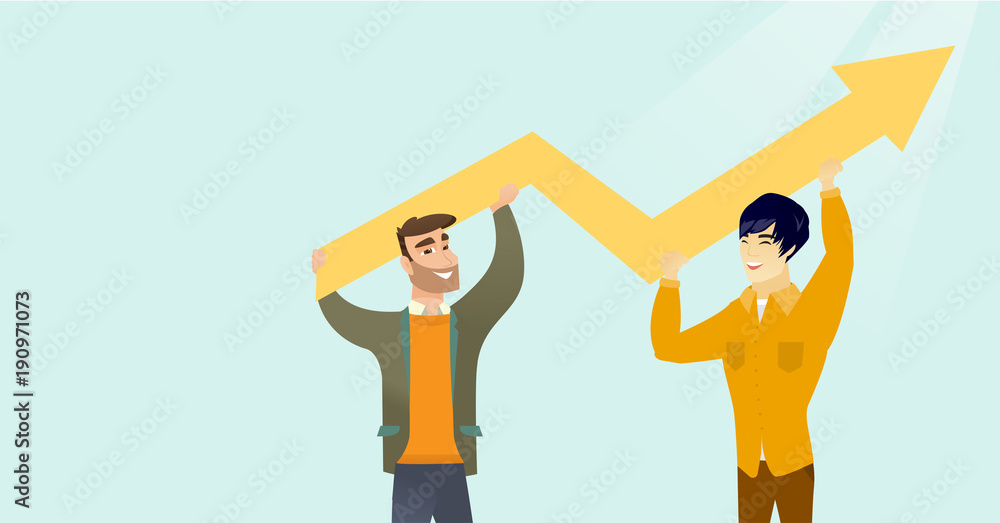 Two young happy caucasain white and asian businessmen holding zigzag ...