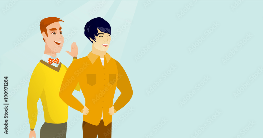 Young caucasian white man shielding his mouth and whispering a gossip ...