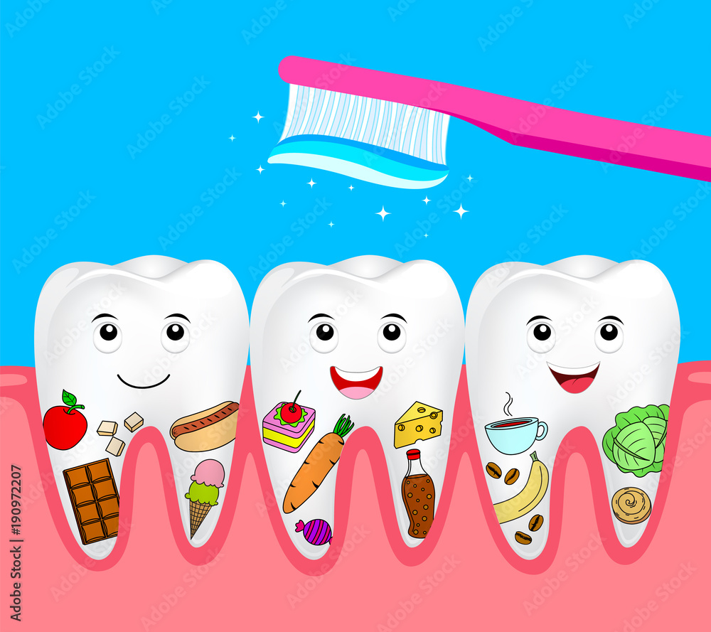 Cute cartoon tooth character. Cleaning food on human tooth, dental care ...