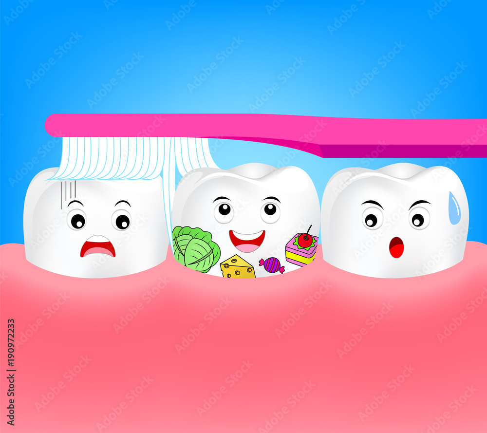 Cute cartoon tooth character. Cleaning food on human tooth, dental care ...