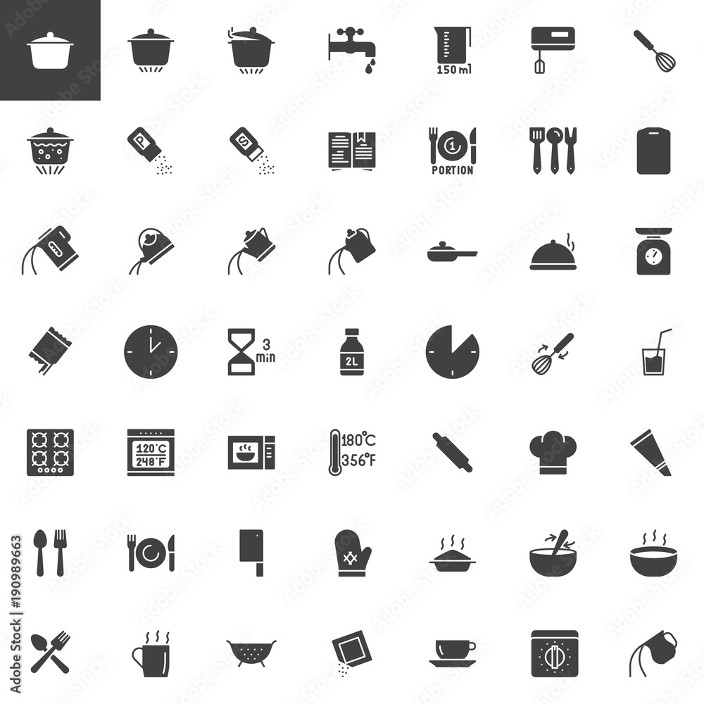 Cooking instructions vector icons set, modern solid symbol collection ...
