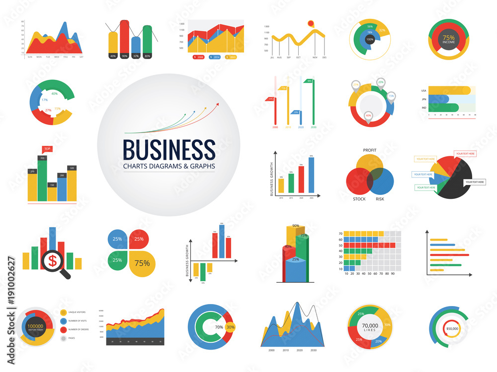 Business data market elements dot bar pie charts diagrams and graphs ...