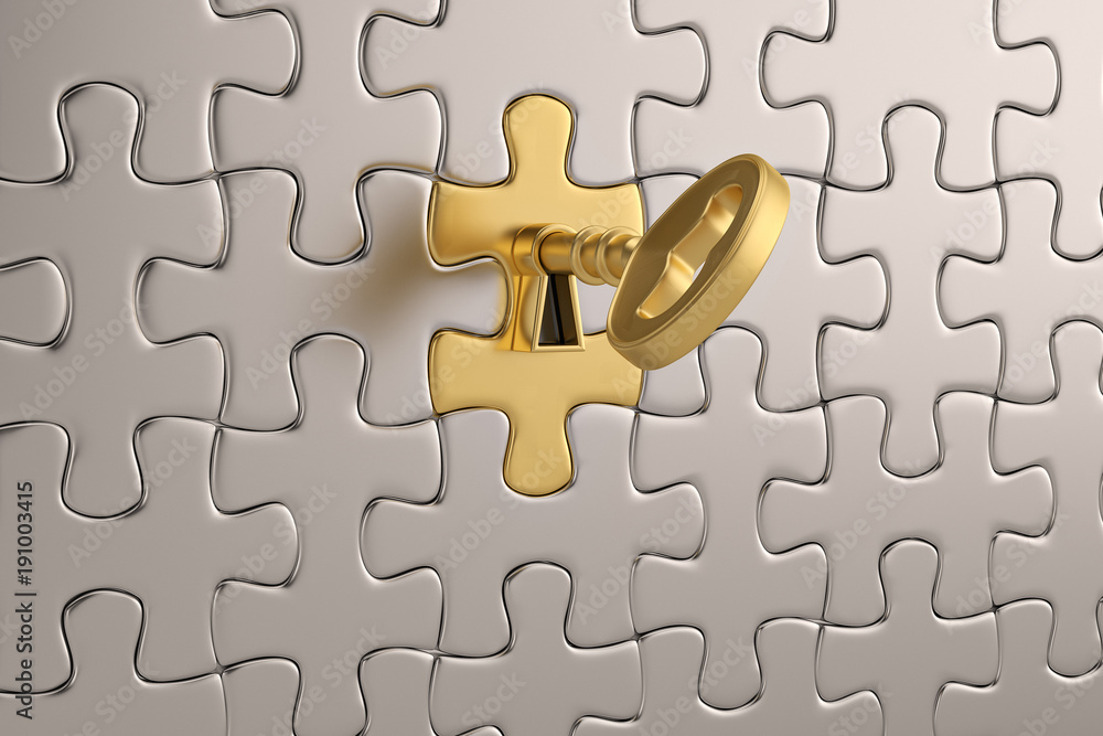 Golden key and puzzle pieces on white background.3D illustration. Stock ...
