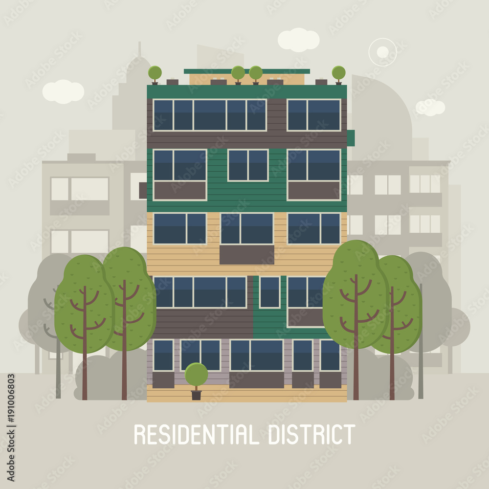 Apartment building front view on urban background. Modern living house ...