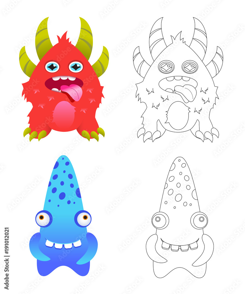 Childrens coloring page with funny cartoon monsters Stock Vector ...