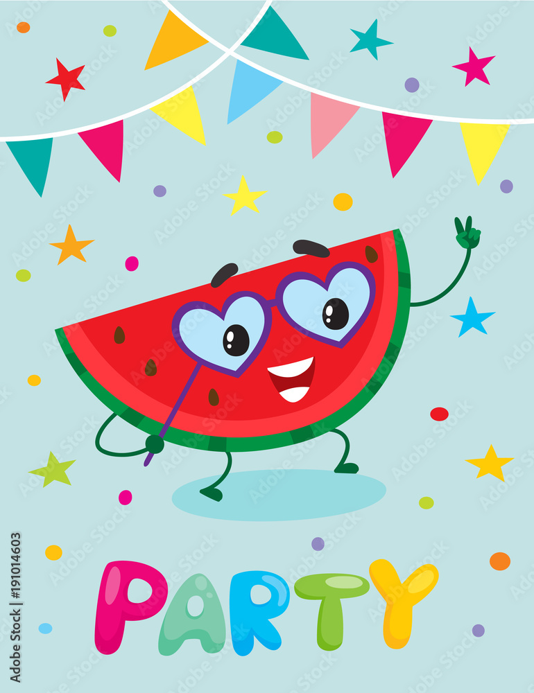 Party banner, flayer, invitation template with cartoon watermelon fruit ...