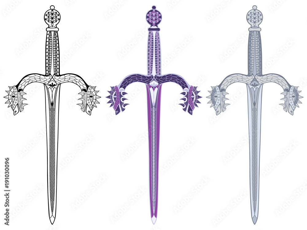 Medieval decorative dagger with dragon heads. Anti stress coloring book ...