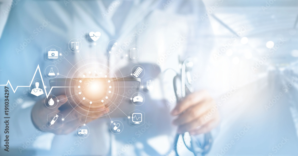 Medicine doctor and stethoscope in hand with icon medical network ...