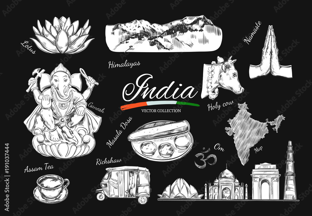 India. Indian Heritage. Vector hand drawn symbols of India. Isolated ...