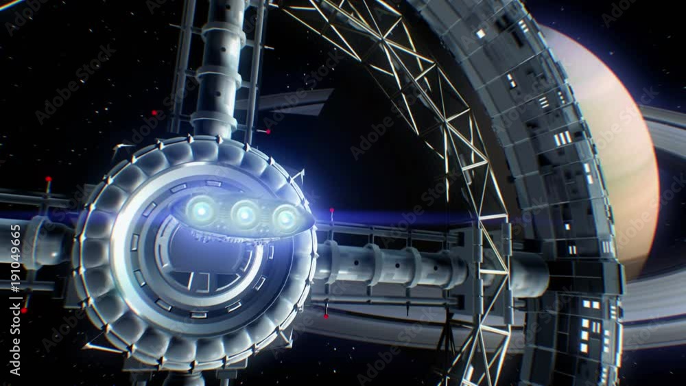 Saturn on backdrop. Spaceship flies into the door of giant space torus ...