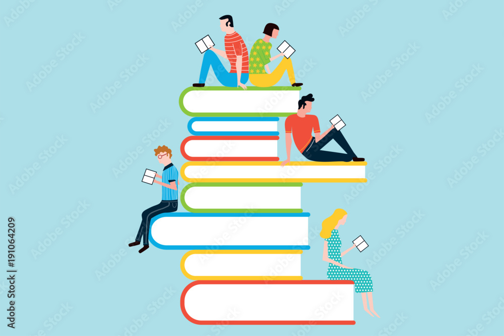 Happy people reading on tower of books - vector colorful illustration ...