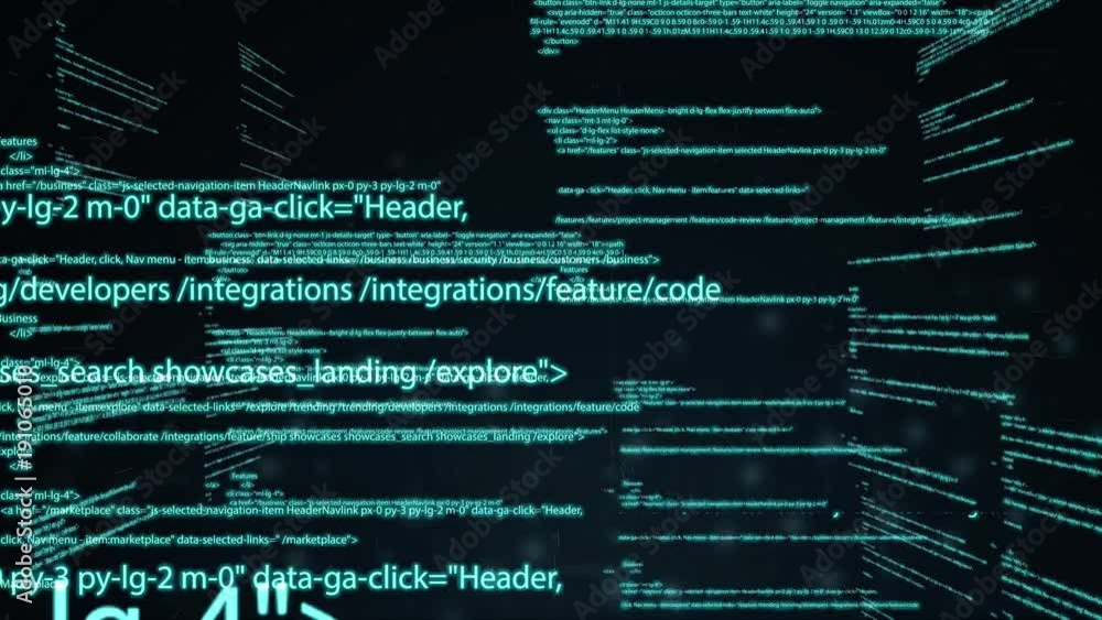 Computer code running in a virtual space. camera moves through the text. Abstract technology ...