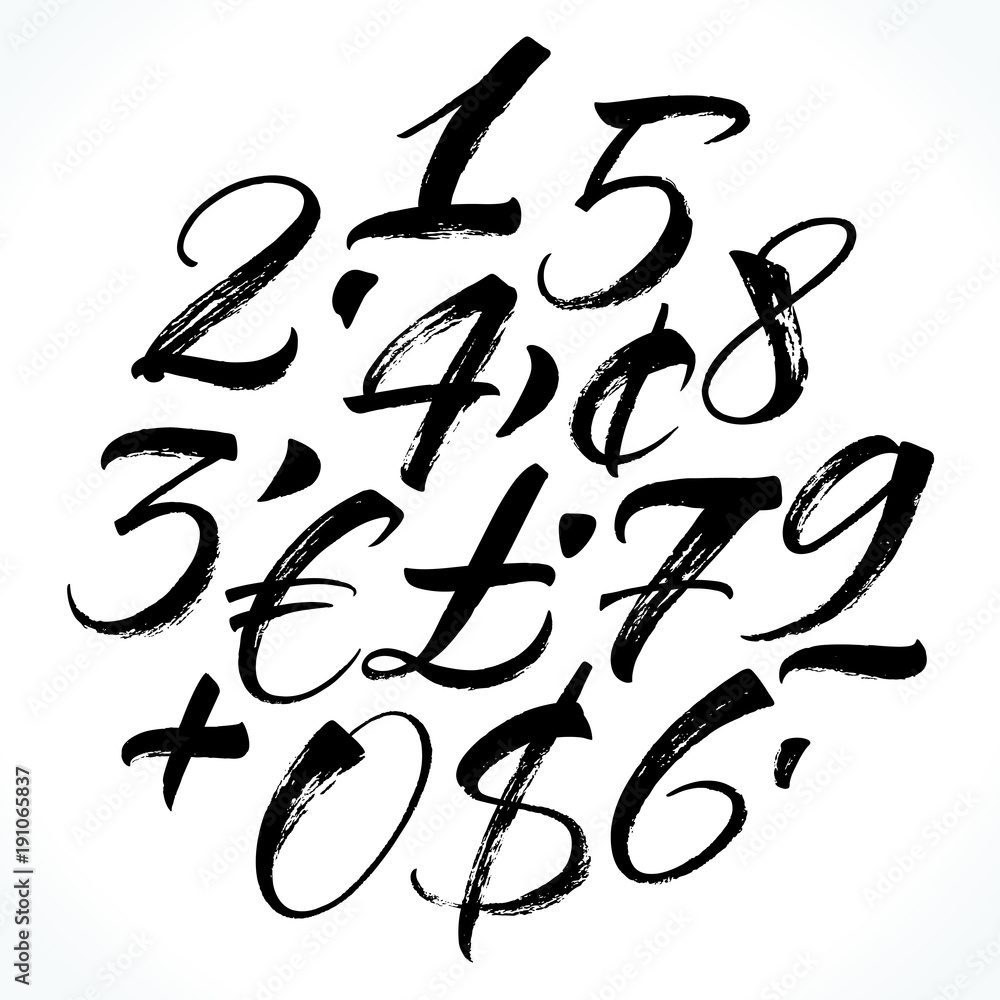 Brush lettering numbers, punctuation and currency symbols. Modern ...