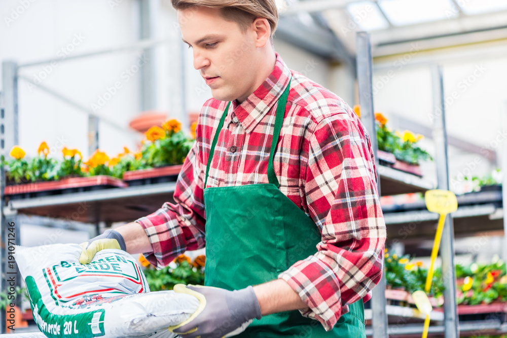 Gärtner im Gewächshaus einer Gärtnere beim einerden von Pflanzen Stock ...