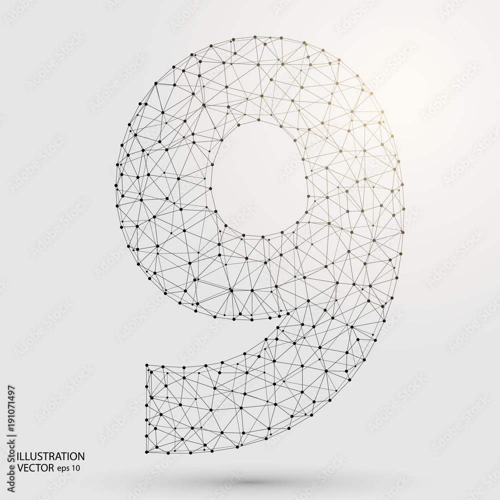 Abstract number nine, figure 9, consisting of triangles, circles, spots ...