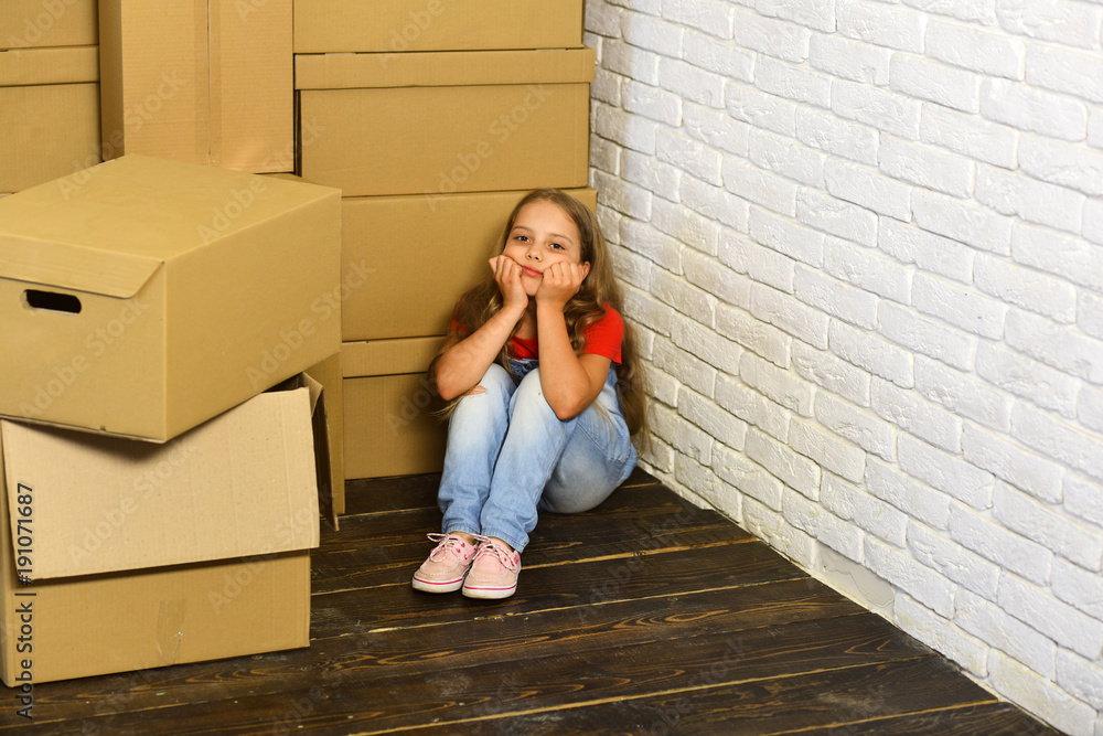Girl with sad face in room on white wall background Stock Photo | Adobe ...