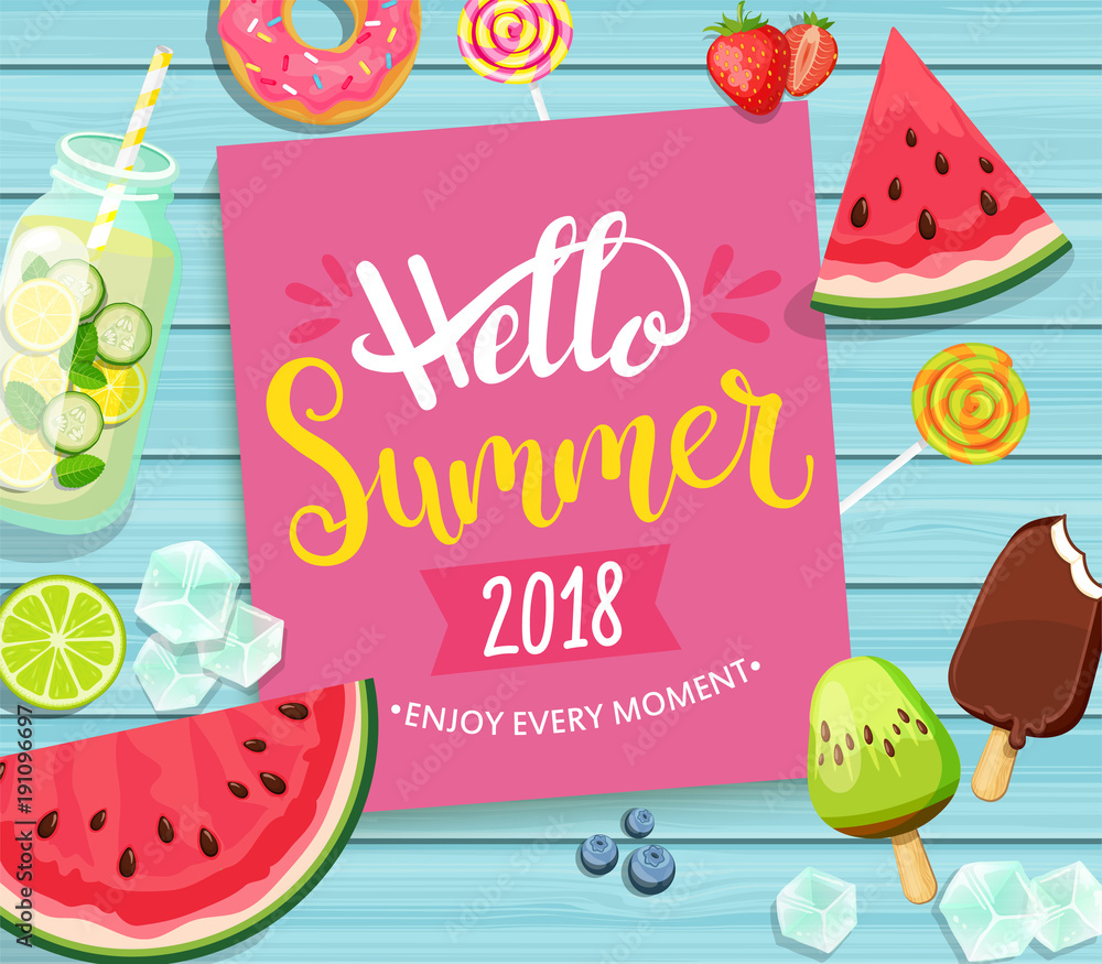 Hello summer 2018 card with handdrawn lettering on blue wooden ...
