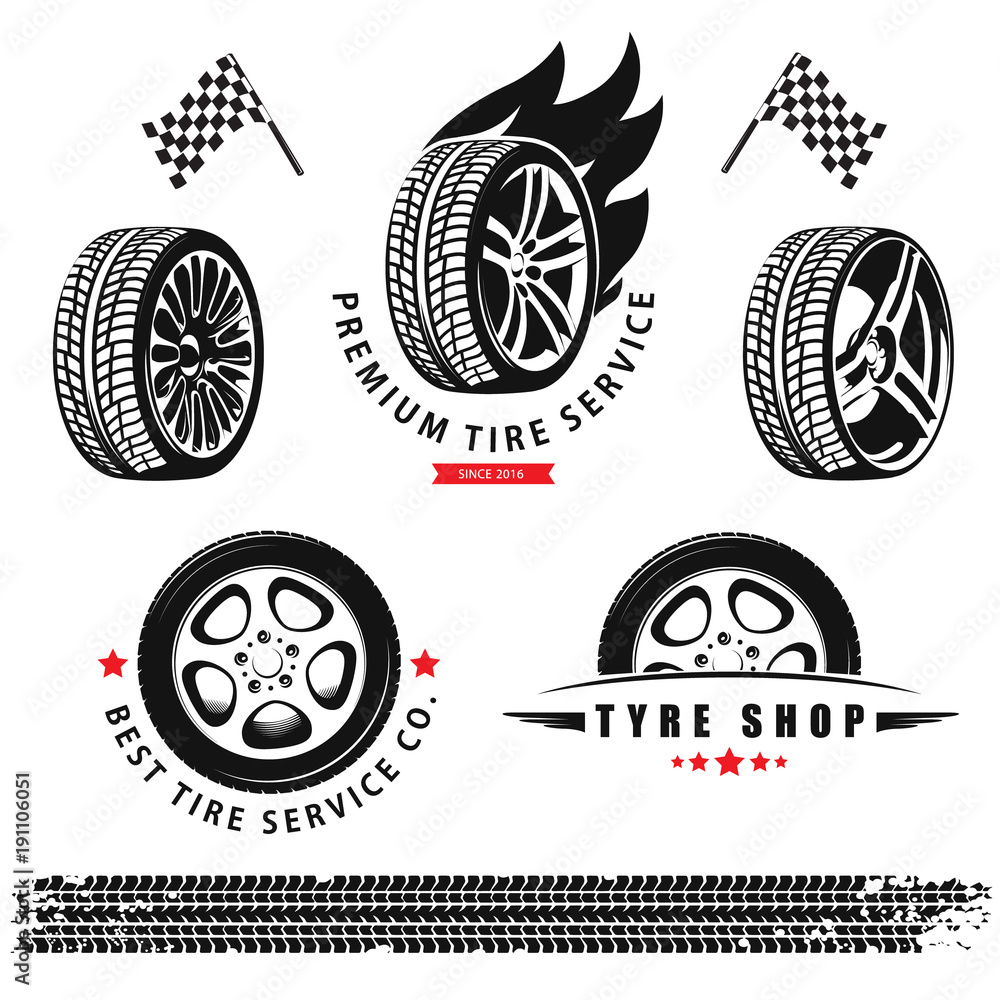 Vector set of wheels, tires and tracks for use in icons and logos Stock ...