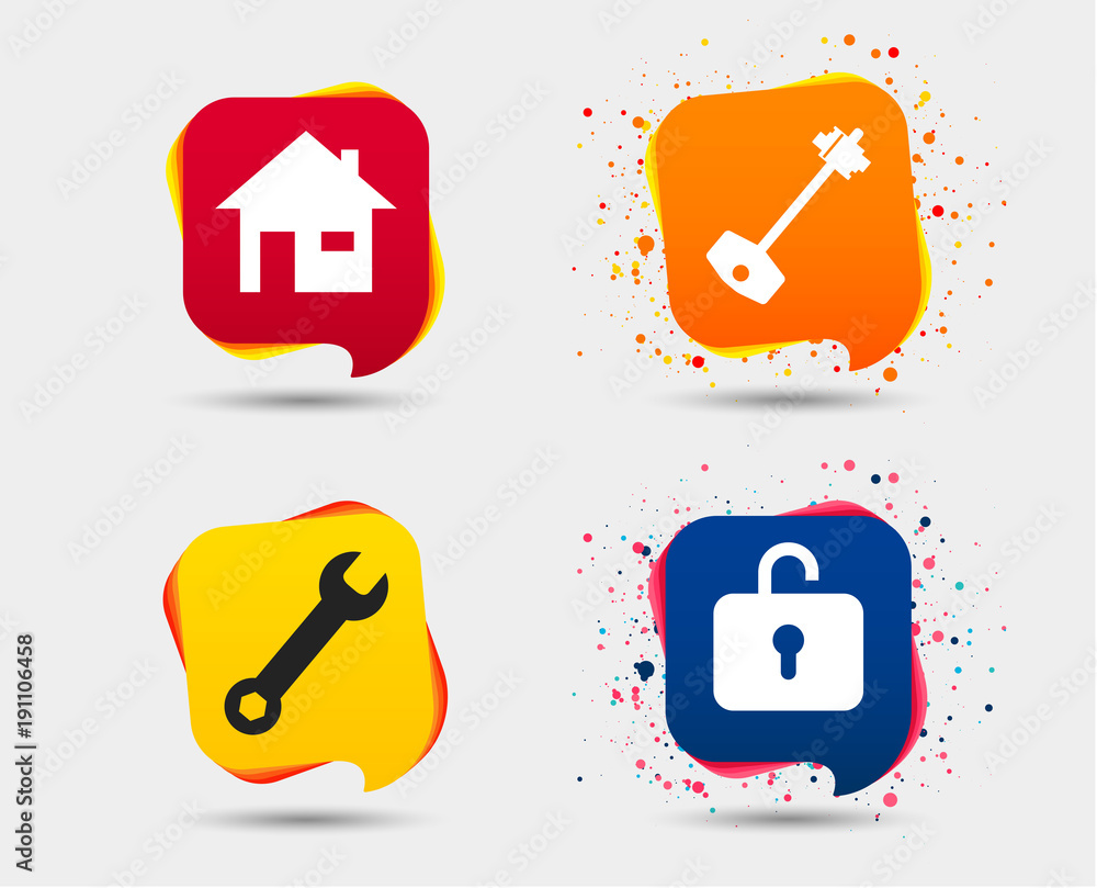 Home key icon. Wrench service tool symbol. Locker sign. Main page web ...