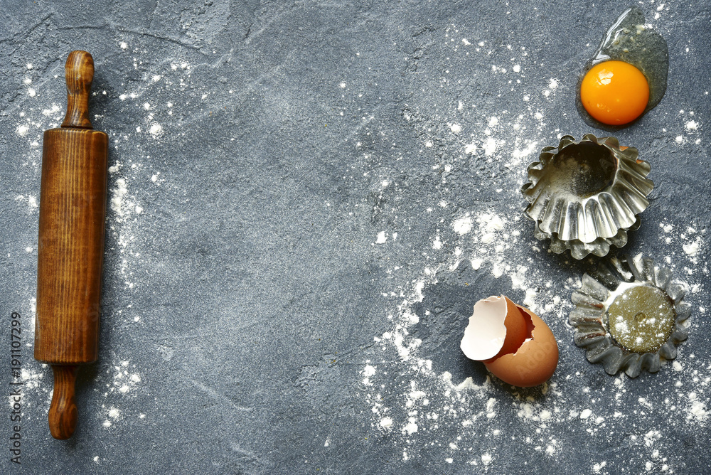 Food background with ingredients and props for baking.Top view with ...